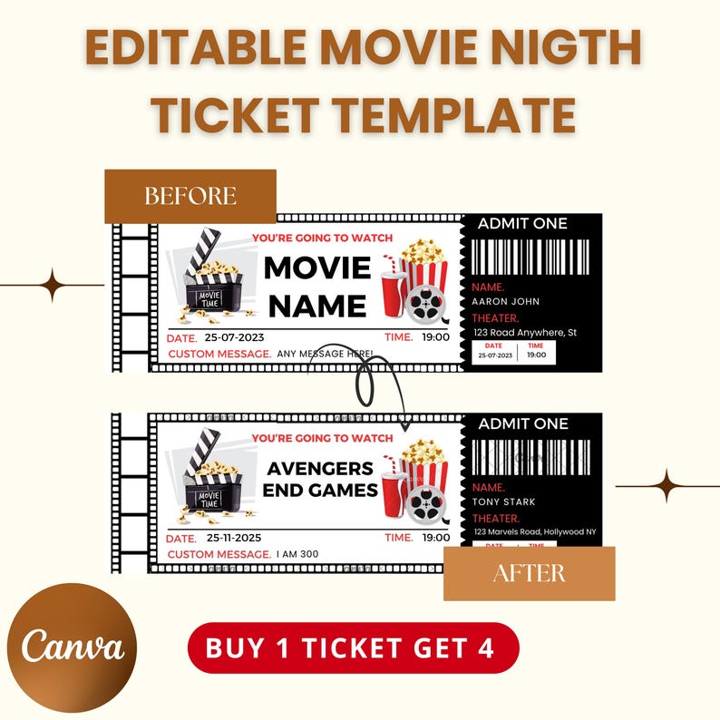 Editable Movie Ticket Template | Printable Movie Gift | Cinema-themed ...