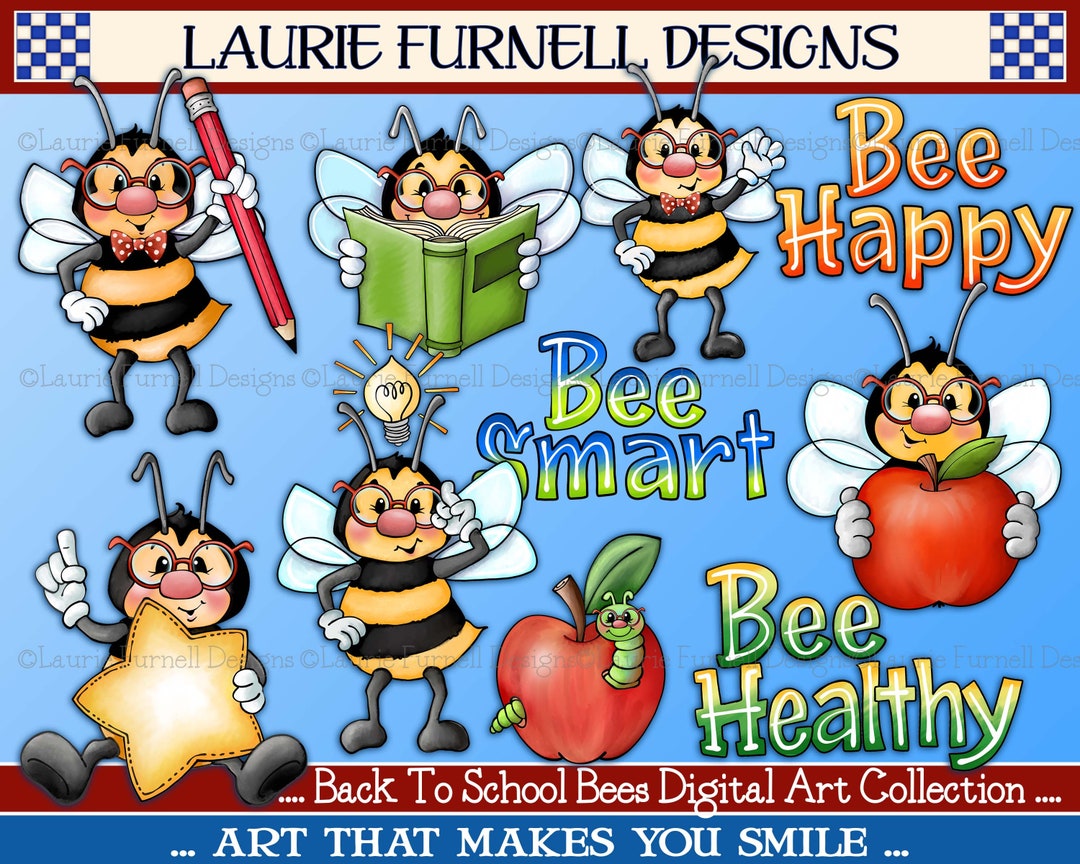 Cute Back to School Bee Digital Art, Cute School Clip Art, Bee Art ...