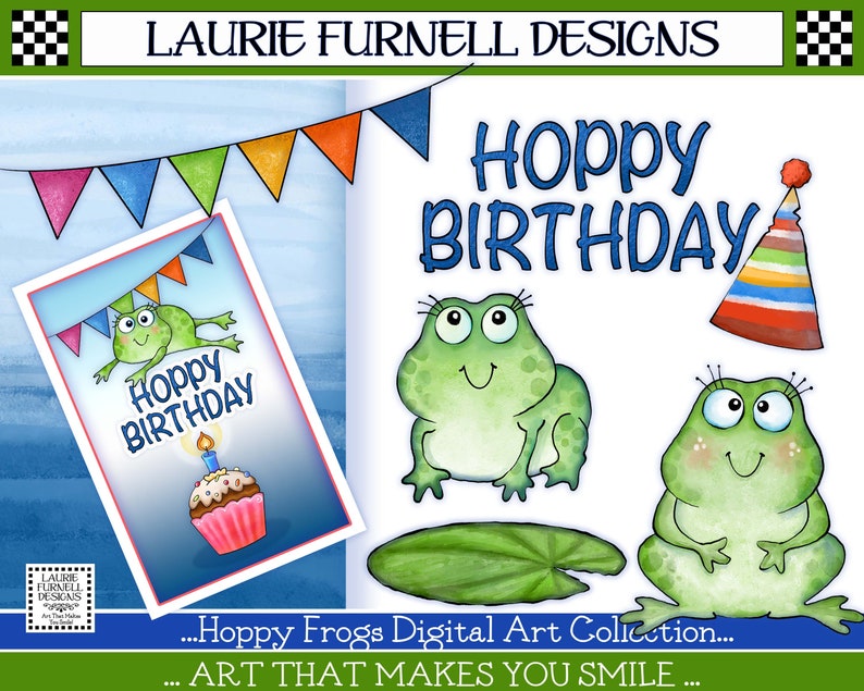 Cute Frog Clip Art, Birthday Frog PNG, Card Making Supply, Hoppy ...