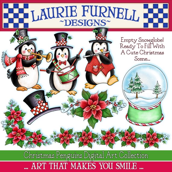 Christmas Penguin Clip Art Border Cute Cartoon Winter Penguin Red