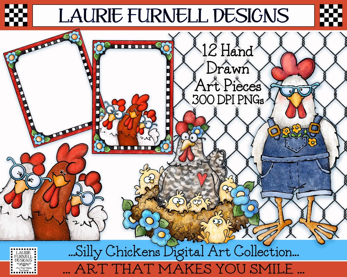Chicken Clip Art, Whimsical Chickens for Card, Fun Chicken PNG, Dancing ...