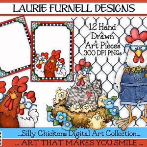 Chicken Clip Art, Whimsical Chickens for Card, Fun Chicken PNG, Dancing ...