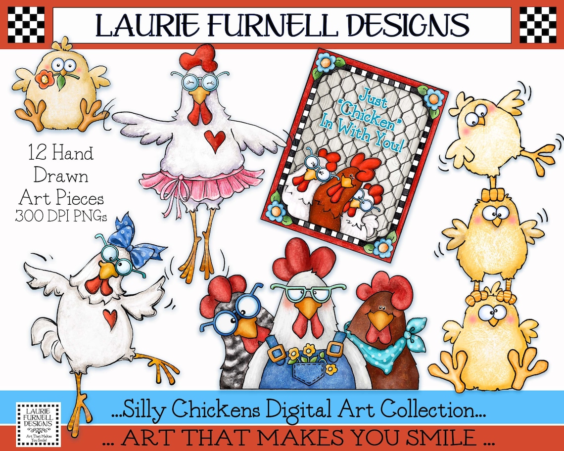 Chicken Clip Art, Whimsical Chickens for Card, Fun Chicken PNG, Dancing ...