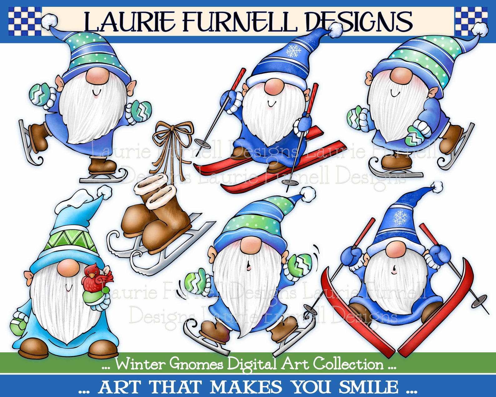 Winter Gnomes Clip Art, Winter Gnome PNG, Ice Skating Gnome, Skiing ...