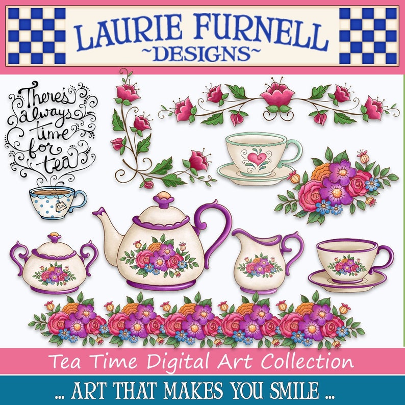 Tea Time Clipart Teapot Tea Party Clipart Floral Tea Time - Etsy
