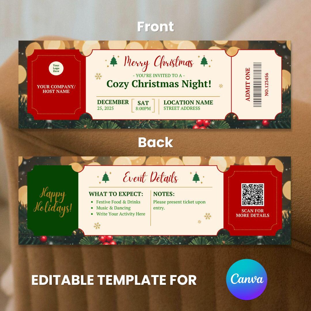 Editable Cozy Christmas Ticket Template | Canva Holiday Party Ticket ...