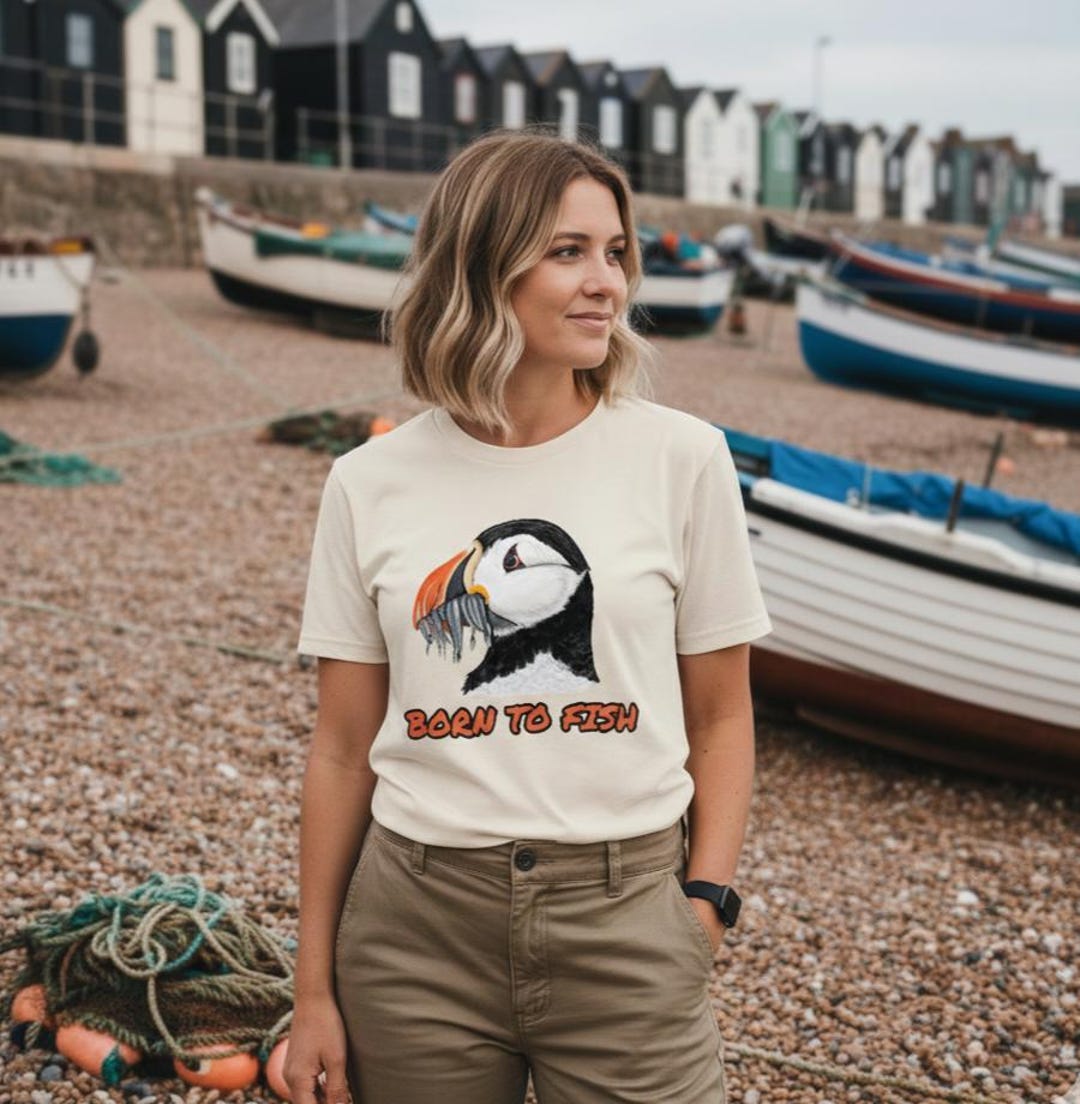 Puffin and Bait Sardines: Born to Fish, Short-sleeve Crew Neck T-shirt ...