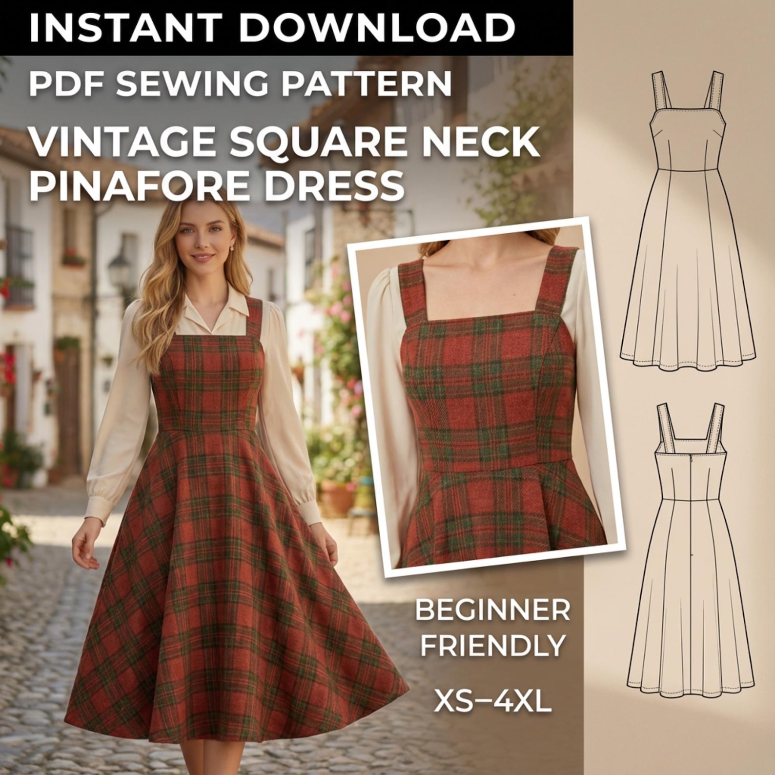 Vintage Square Neck Pinafore Dress Sewing Pattern PDF | Cottagecore ...