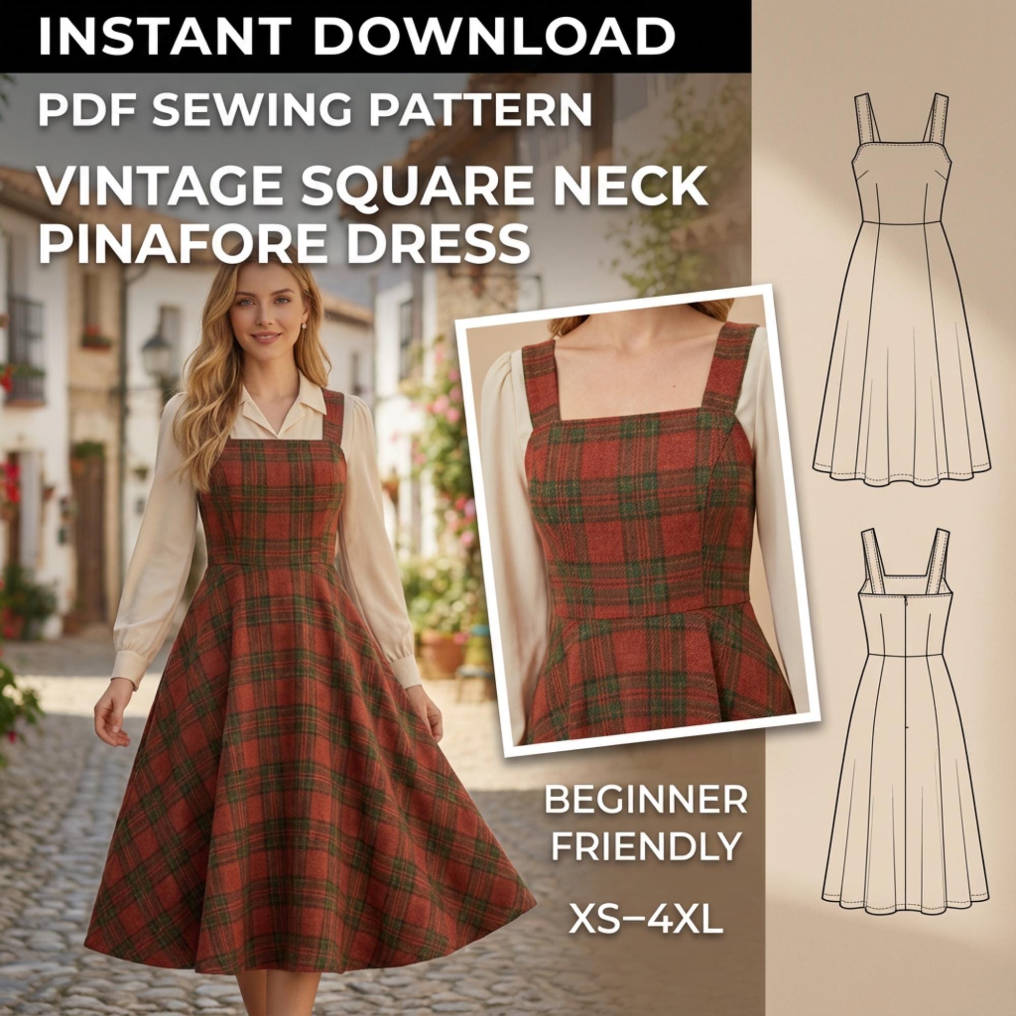 Vintage Square Neck Pinafore Dress Sewing Pattern PDF | Cottagecore ...