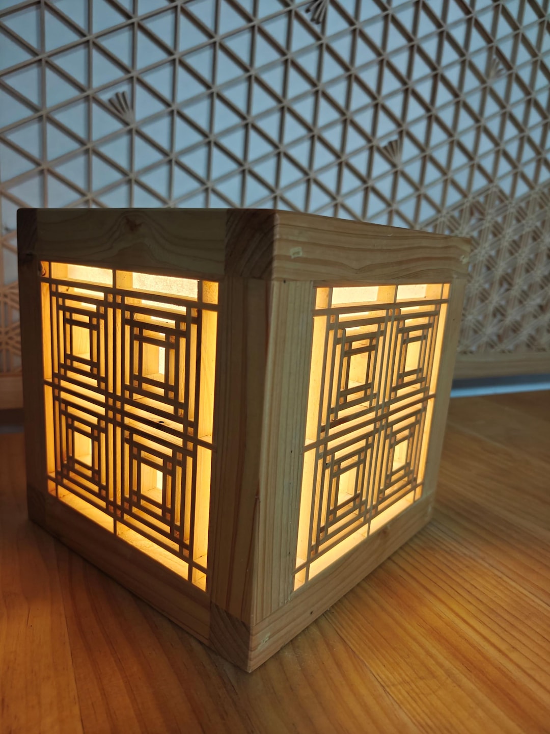 Handmade Japanese Kumiko Wooden Lamp – Geometric LED Night Light - Etsy