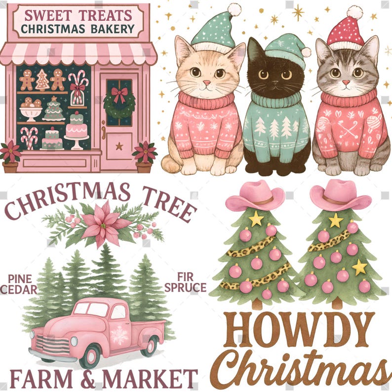 Pink Christmas PNG Bundle, Coquette Tree, Merry Bright (digital ...