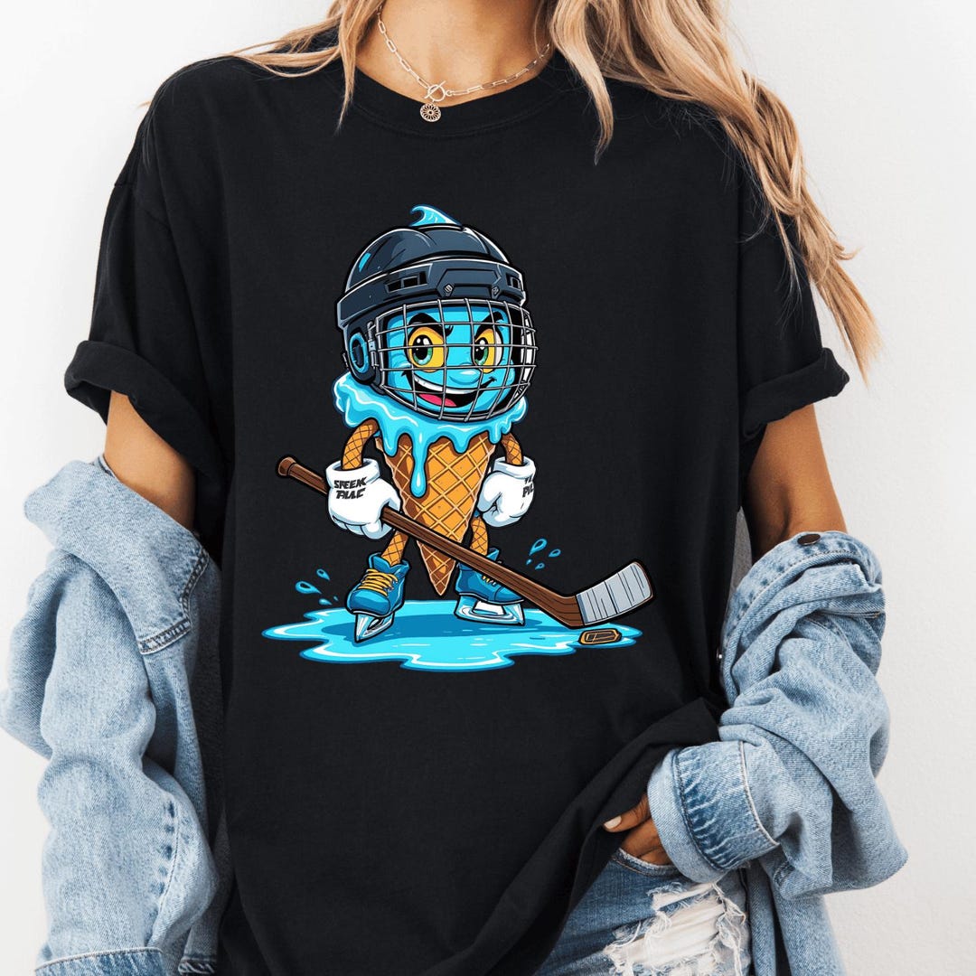 Funny Hockey Player Ice Cream Cone Mashup T-shirt, Melting Puck Humor ...