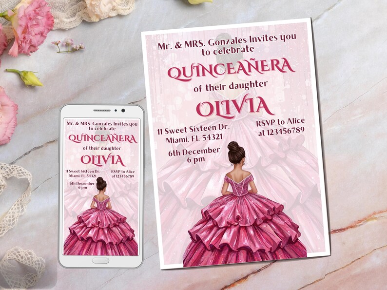 Pink Quinceañera Invitation Template, Elegant Quince Party Invite ...
