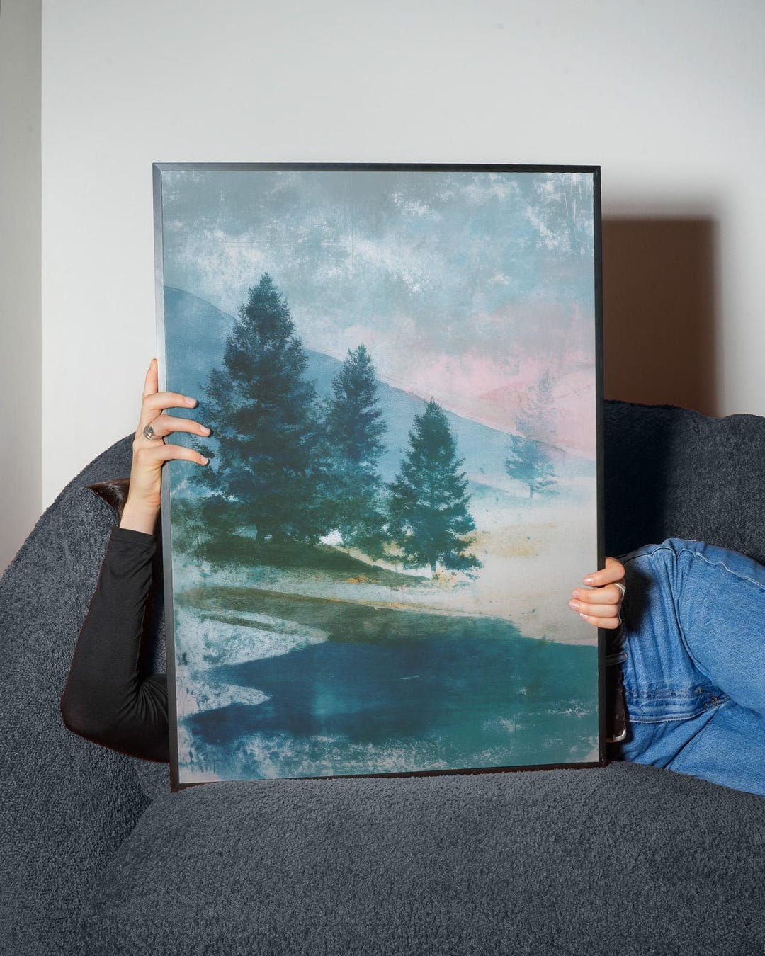 Blue Pine Forest Landscape Monotype Print, Winter Nature Decor Poster ...