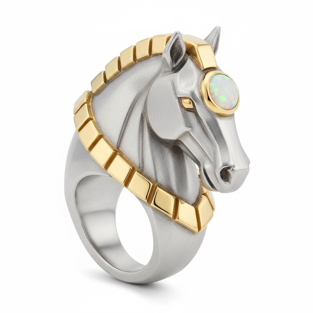Men’s Geometric Horse Head Ring Sterling Silver 18K Gold Plated Opal ...
