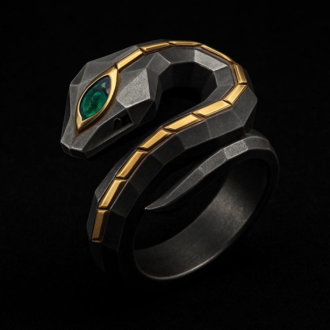 Geometric Snake Ring Sterling Silver & Gold, Green Crystal Eye Serpent ...