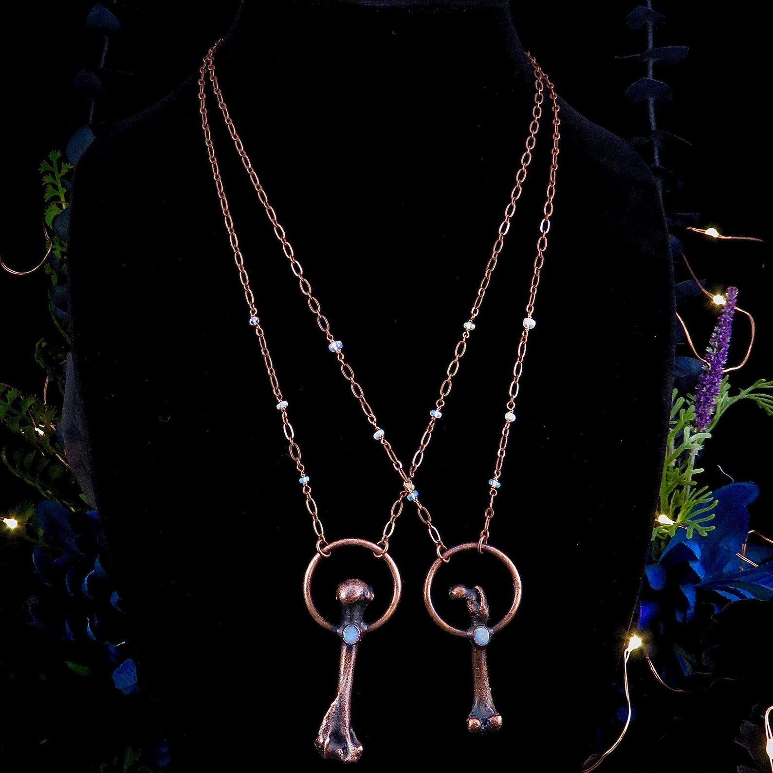 Femur Bone and Opals Strength Talisman Gothic Witchy Copper Electroform ...