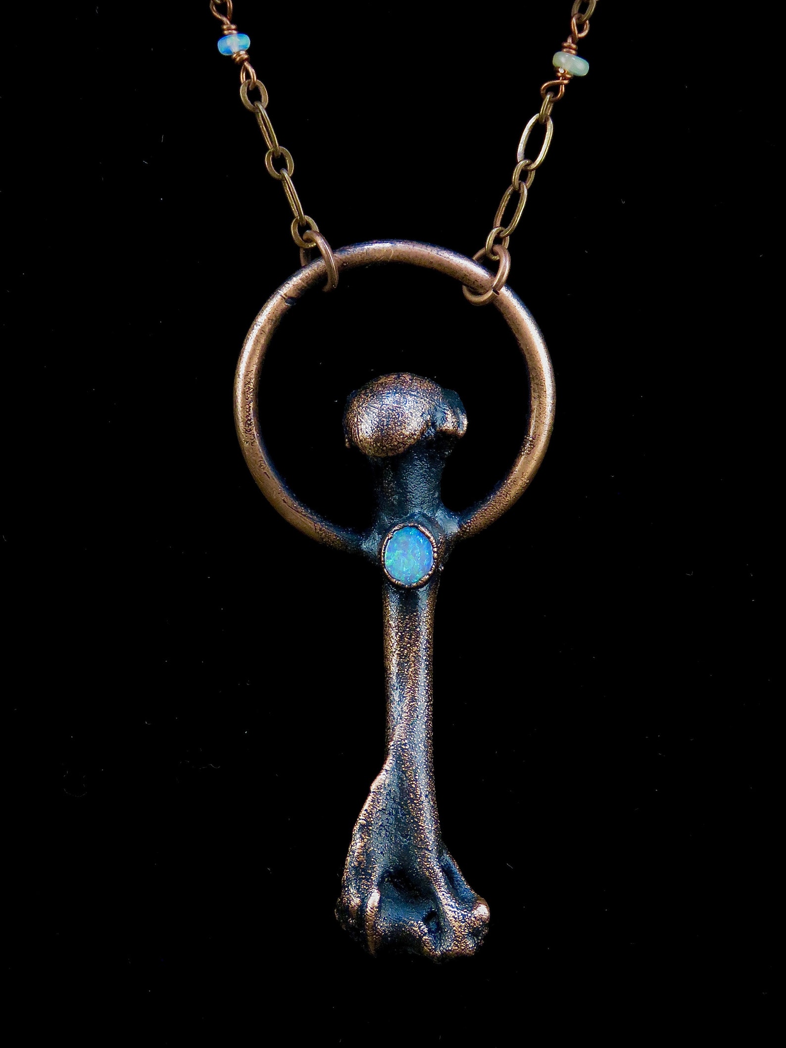 Femur Bone and Opals Strength Talisman Gothic Witchy Copper Electroform ...