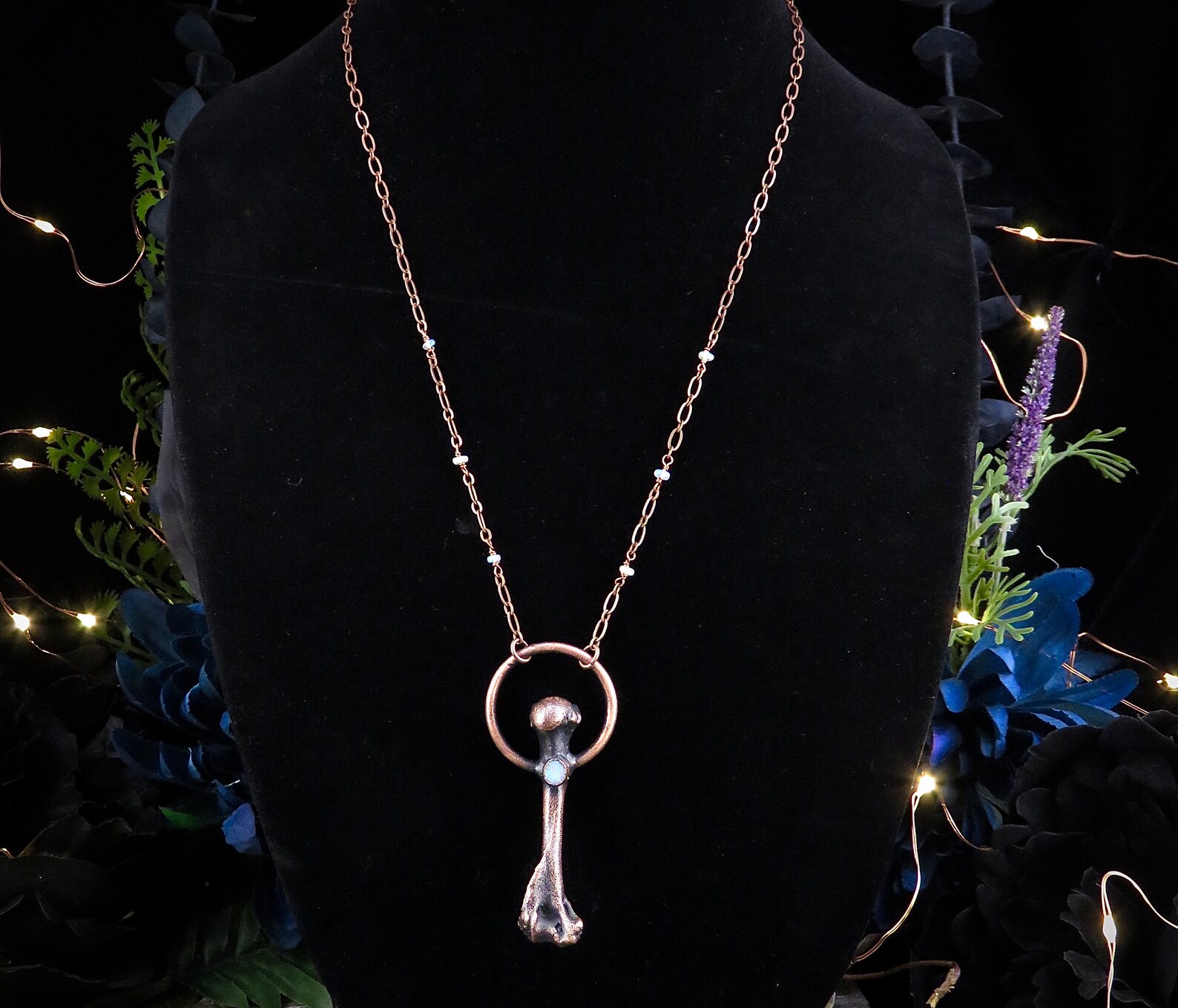 Femur Bone and Opals Strength Talisman Gothic Witchy Copper Electroform ...