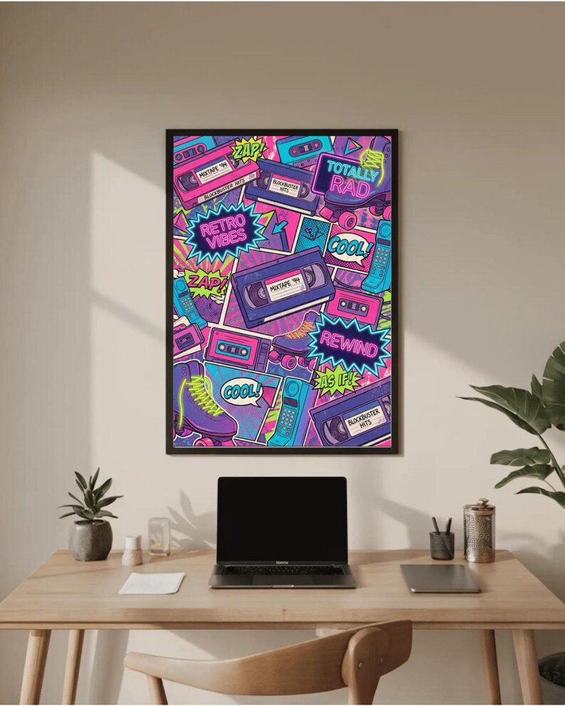 90s Retro Cassette Collage Print, Neon Pop Art Poster, Nostalgic Gaming ...
