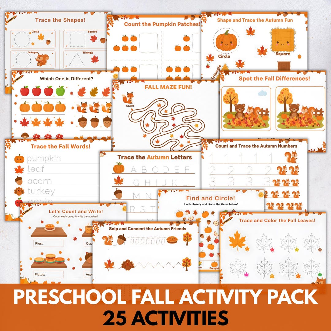 Fall Preschool Kindergarten Activity Pack, Fall Kid Activity, Autumn ...