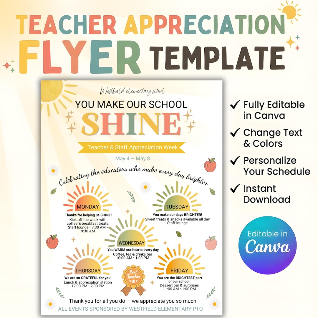 Teacher Appreciation Week Itinerary Flyer Editable Canva Template ...