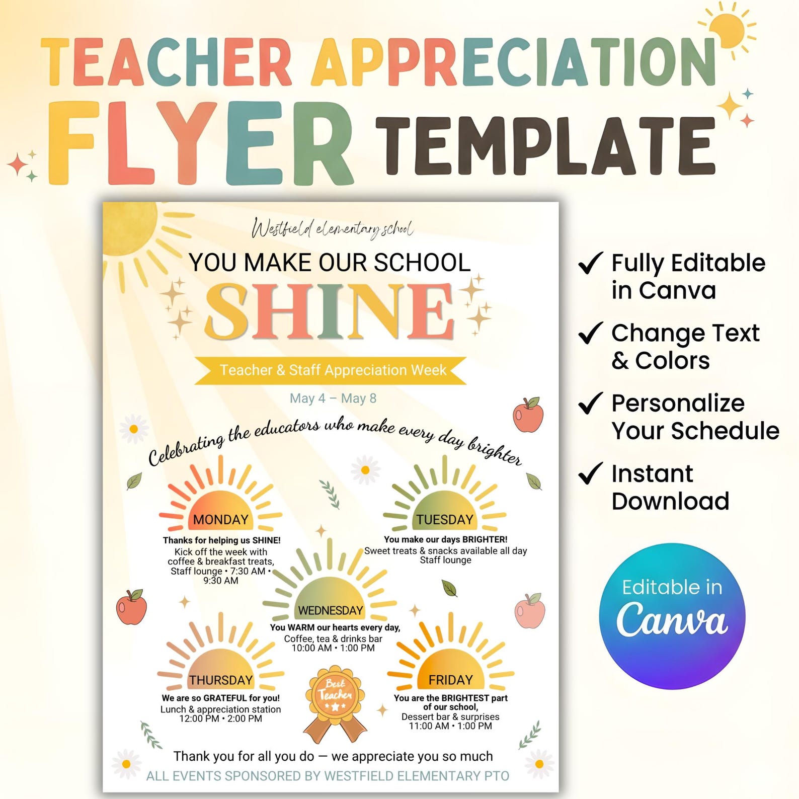 Teacher Appreciation Week Itinerary Flyer Editable Canva Template ...