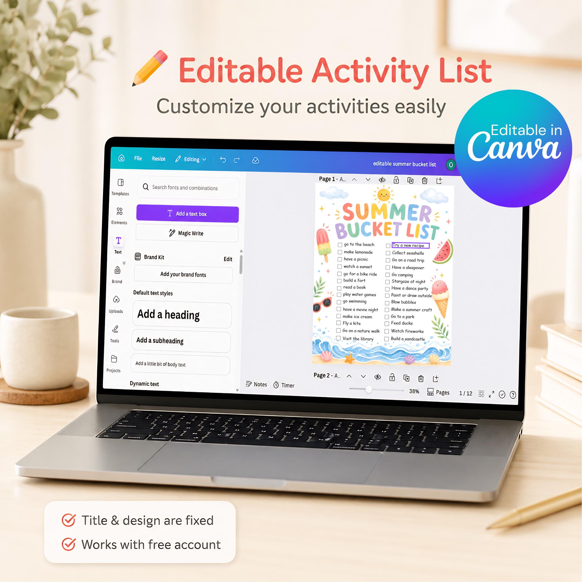 Editable Summer Bucket List Printable for Kids, Editable Canva Template ...