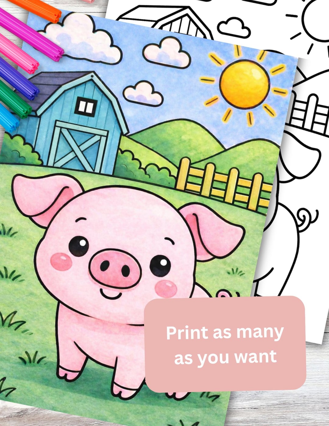Pig Coloring Page Instant Digital Download PDF Printable Cute Kawaii ...