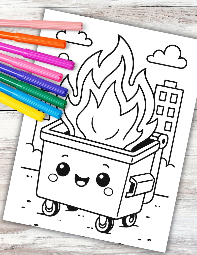 Kawaii Dumpster Fire Coloring Page Instant Digital Download PDF ...