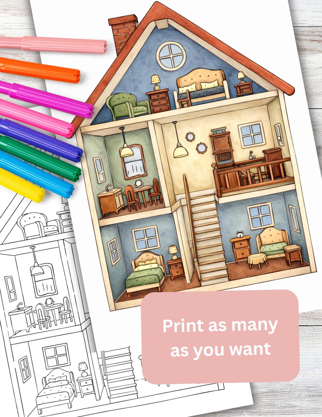 Dollhouse Coloring Page Instant Digital Download PDF Printable Interior ...