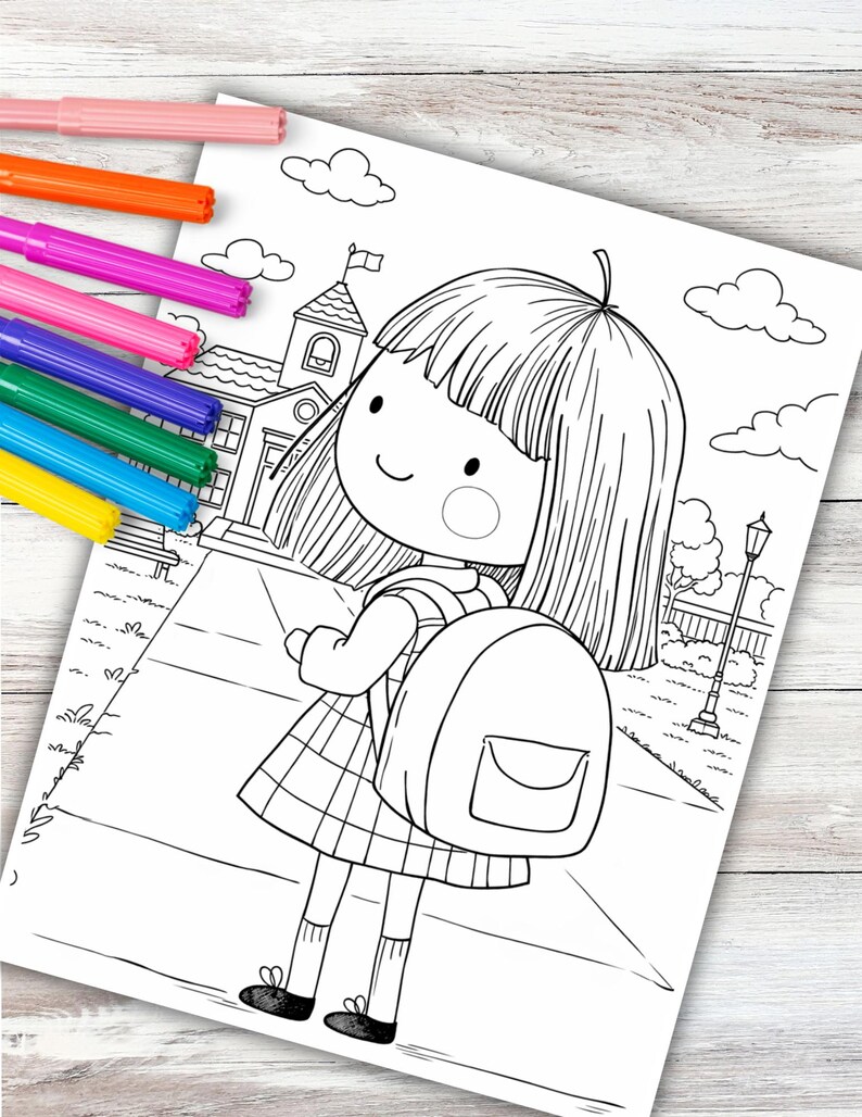 School Girl Coloring Page Instant Digital Download PDF Printable Kids ...