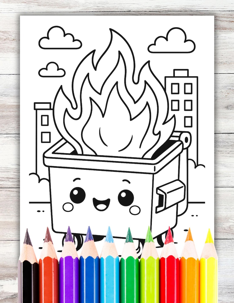 Kawaii Dumpster Fire Coloring Page Instant Digital Download PDF ...