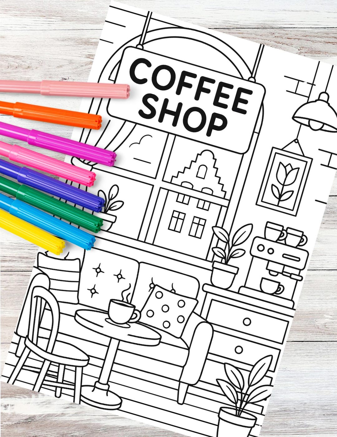 Coffee Shop Coloring Page Cozy Instant Download PDF - Etsy