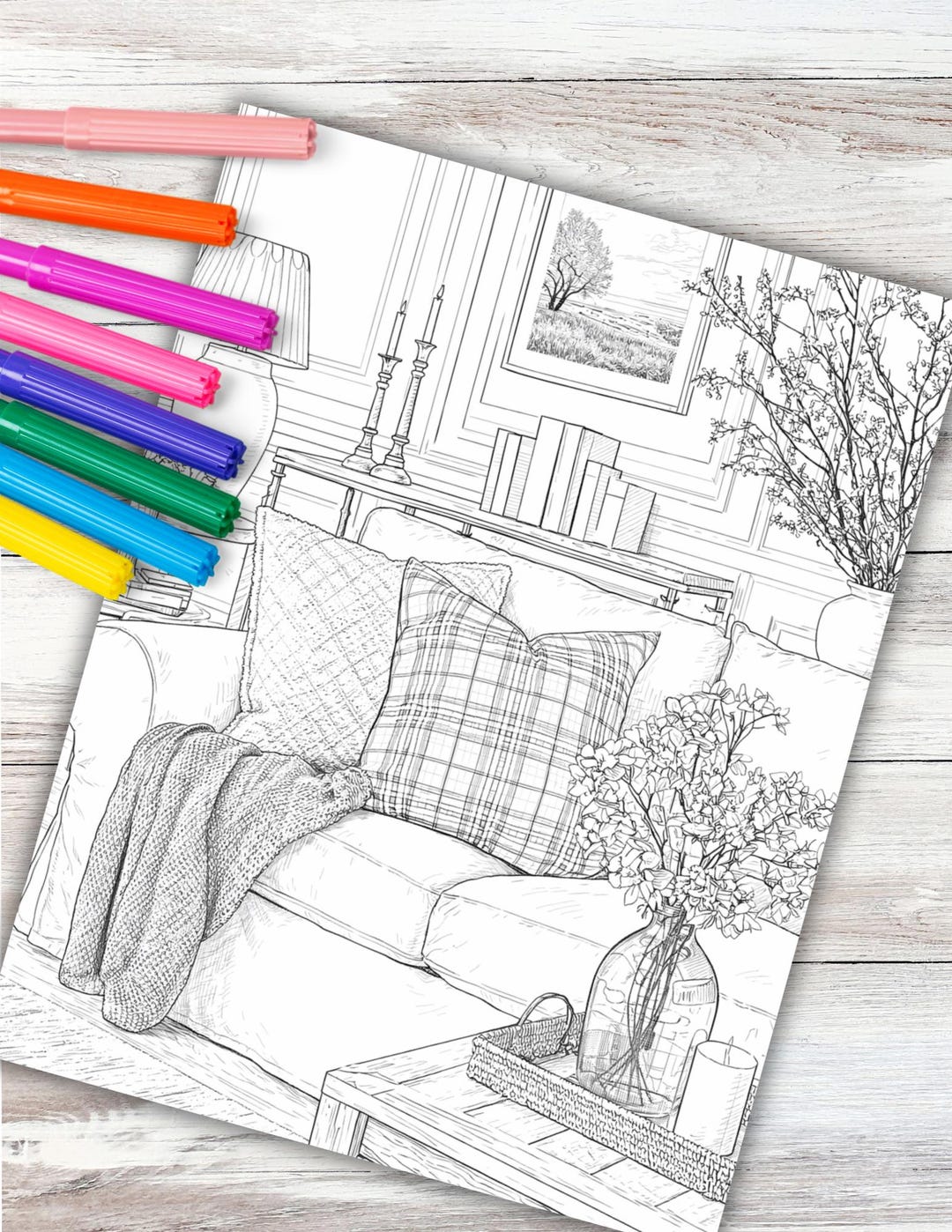 Cozy Interior Coloring Page Instant Digital Download PDF Printable - Etsy