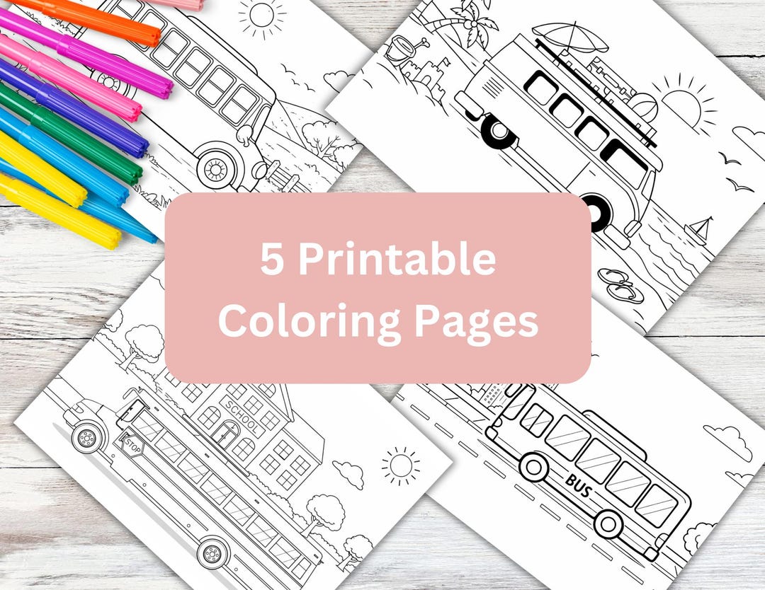 Buses Coloring Pages Instant Digital Download PDF Printables (5 Pack ...