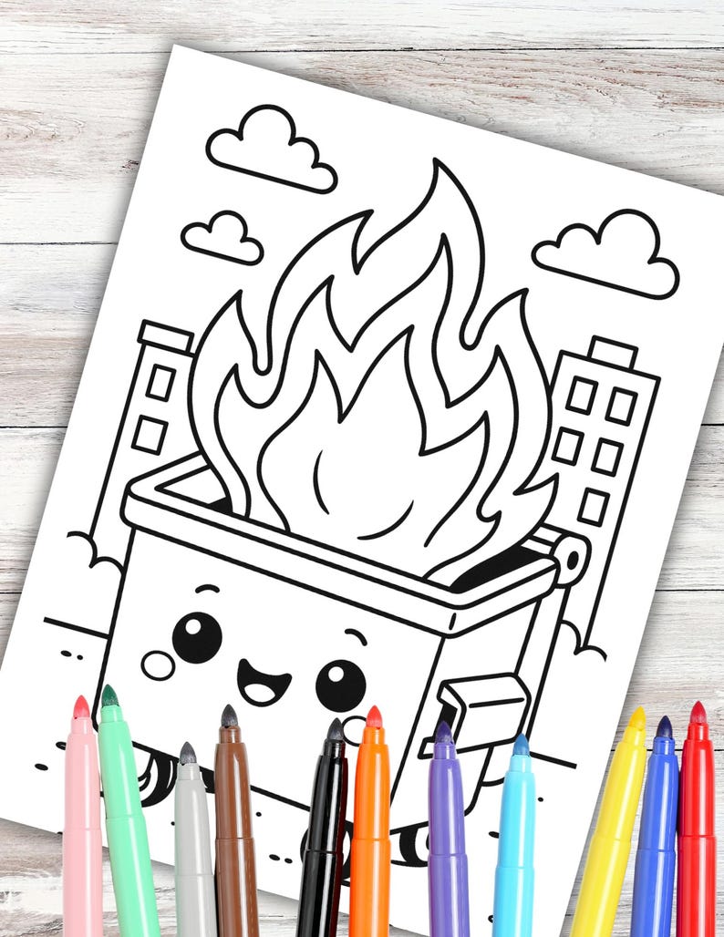 Kawaii Dumpster Fire Coloring Page Instant Digital Download PDF ...