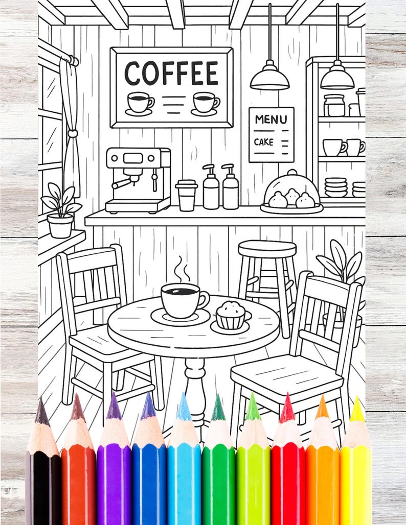 Coffee Shop Coloring Page Rustic Instant Digital Download PDF - Etsy