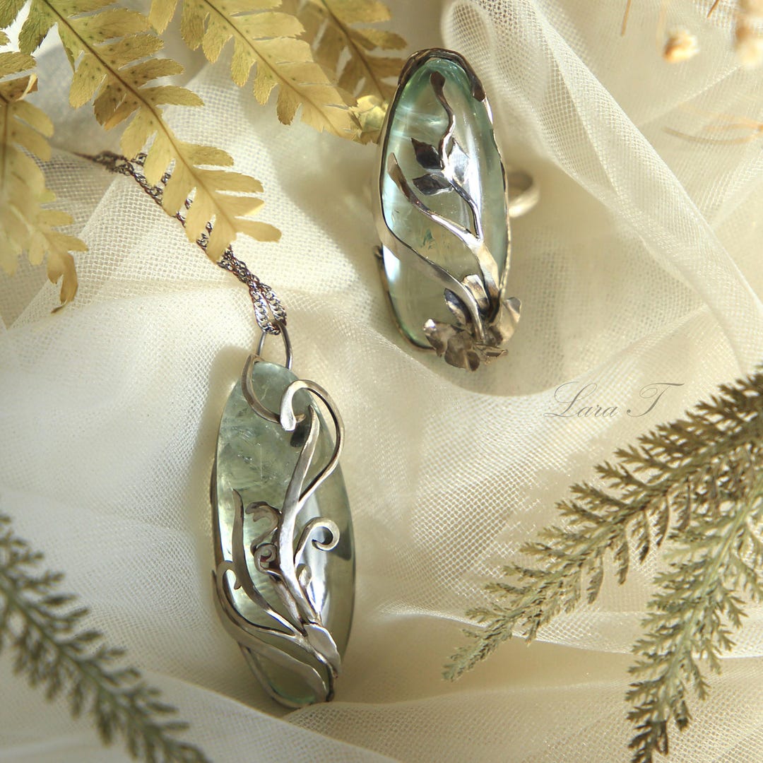 Botanical Jewelry Set With Prasiolite | Artisan Ring and Pendant - Etsy