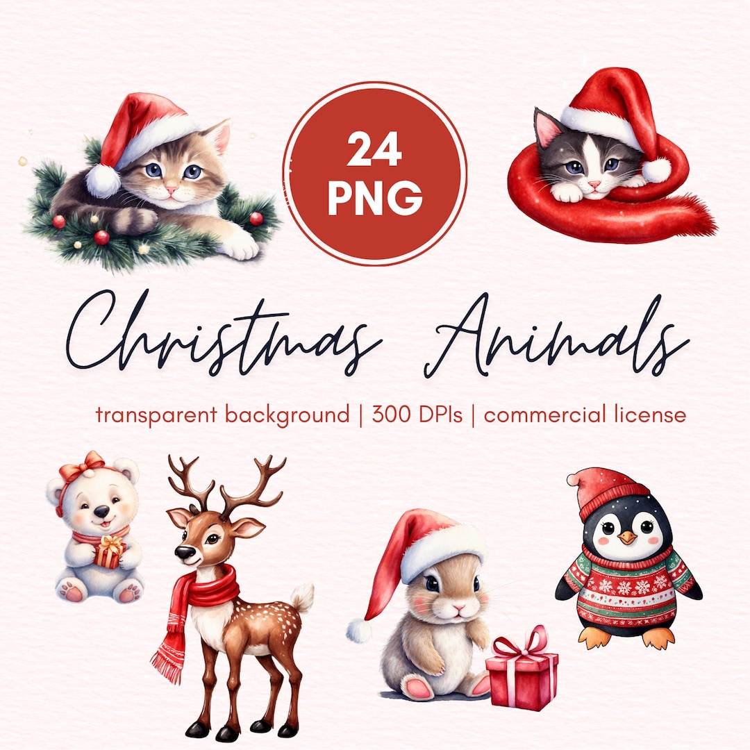 Watercolor Christmas Animals Clipart: 24 PNG Illustrations (digital ...
