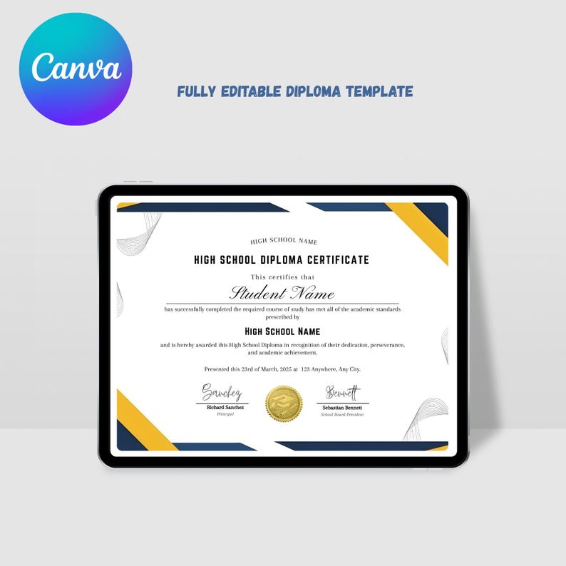 Editable High School Diploma Template, Canva Customisable, Digital ...