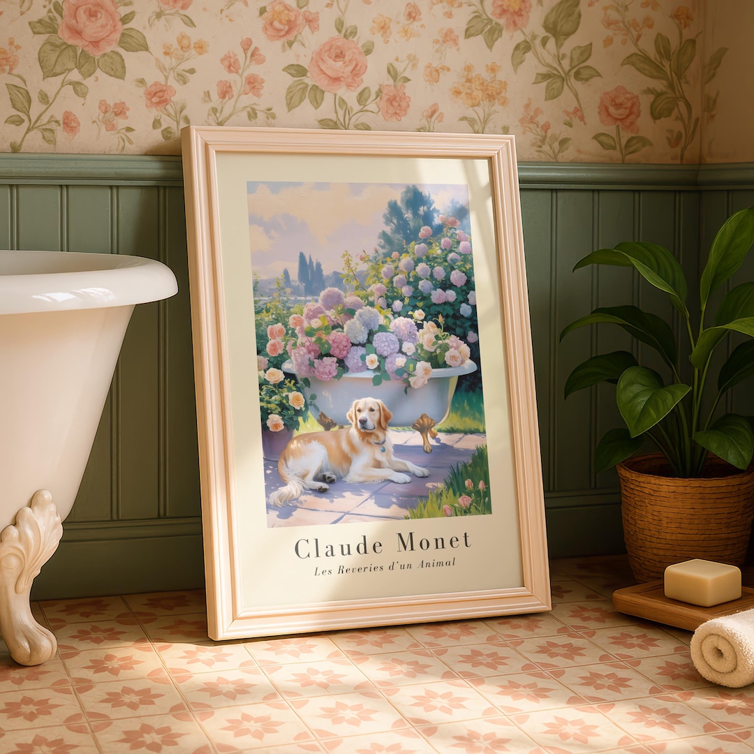 Monet Style Garden Scene Art Print: Golden Retriever and Hydrangeas - Etsy
