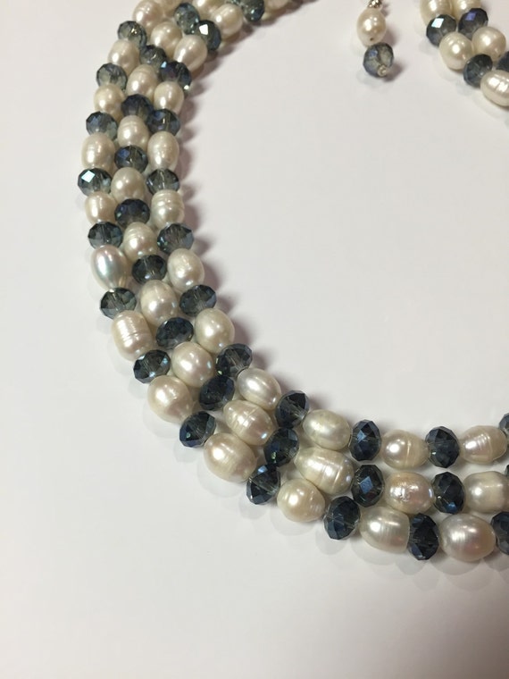 Vintage 3 Strand Freshwater Pearl And Swarovski Cryst… Gem