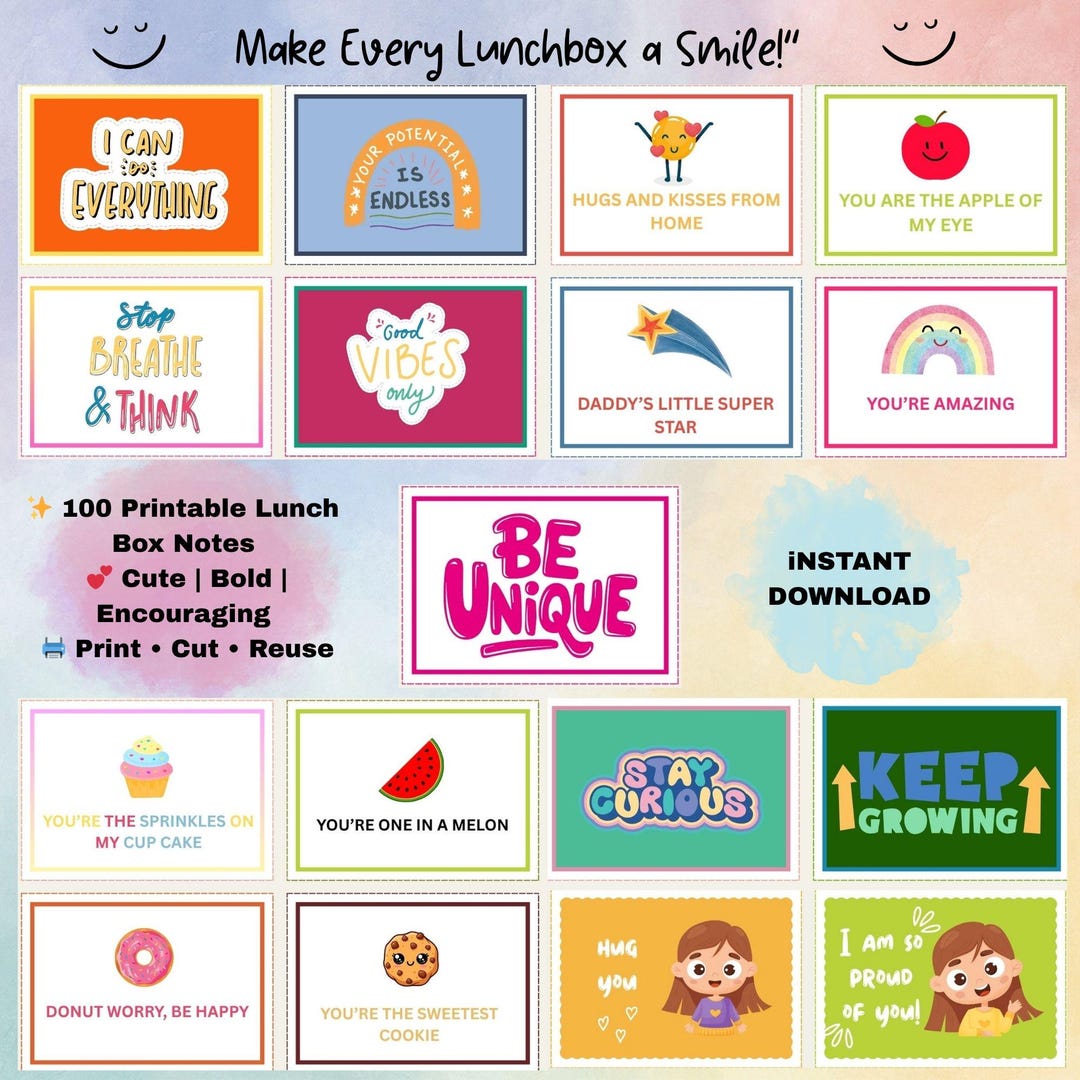 Kids Lunch Box Notes | Positive Affirmations, Encouragement (printable ...