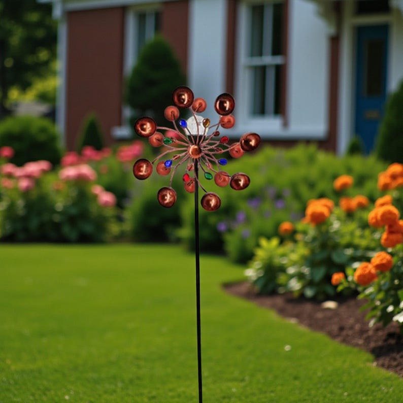 Handmade Copper Wind Spinner | Kinetic Garden Sculpture With Solar ...
