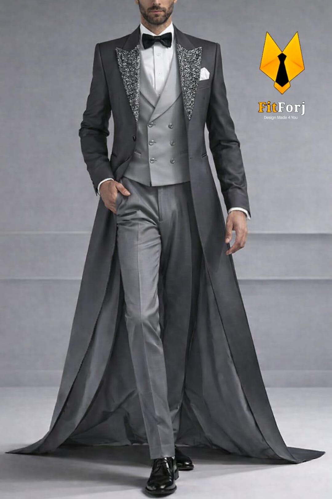 Men’s Luxury Grey Tuxedo Tailcoat Suit – Crystal Lapel Long Wedding ...