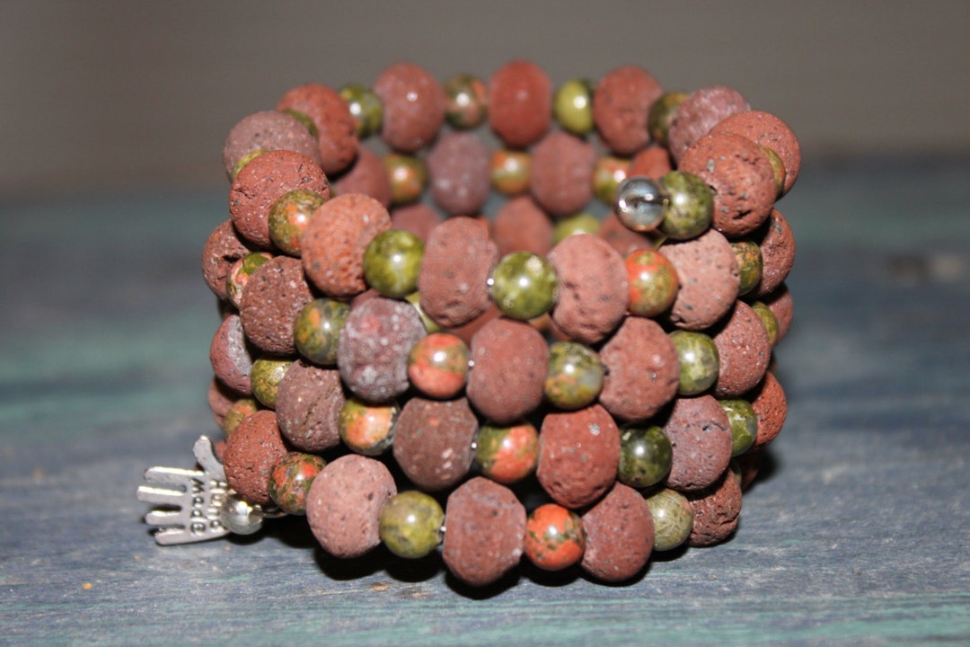 Memory wire bracelet with basalt volcanic beads and unakite green and ...