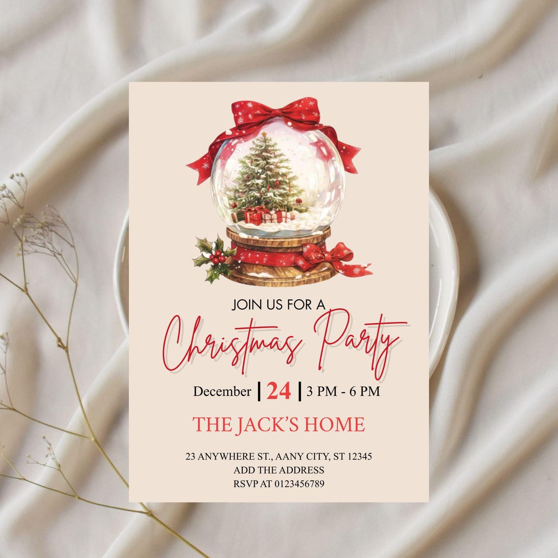 Elegant Christmas Party Invitation, Watercolor Ornament (digital ...