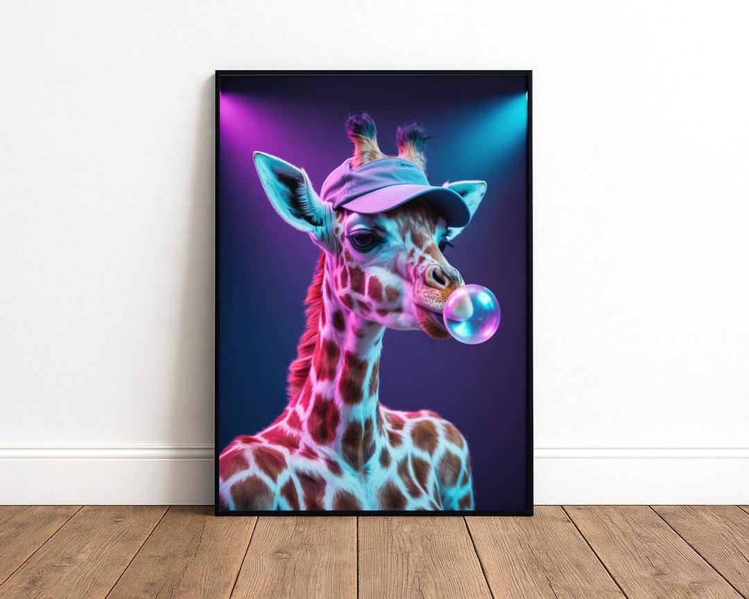 Neon Giraffe Portrait Wall Art, Bubble Gum Blowing Giraffe, Printable ...