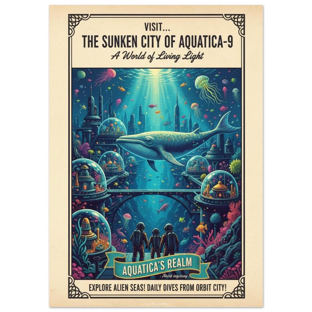 Retro-futuristic Orbit City Travel Poster - Aquatica-9 - Vintage Space ...